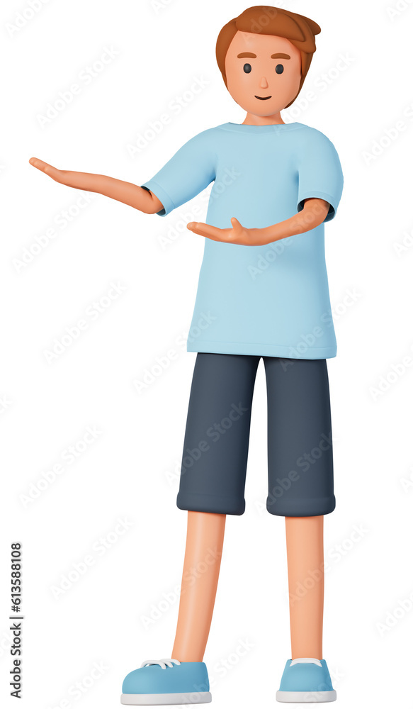 Teenager boy point at the side. 3D young boy character showing with ...