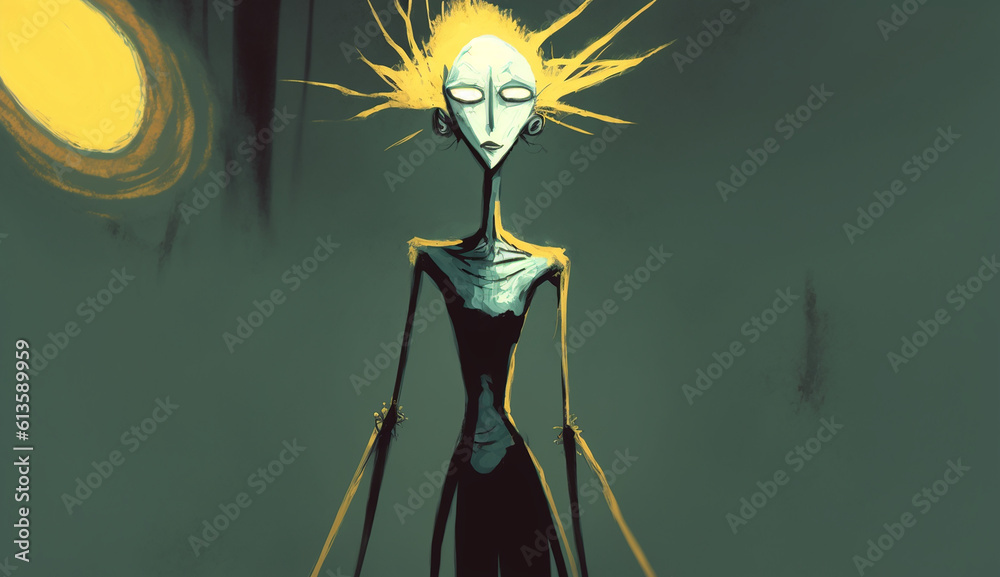 A humanoid figure with elongated limbs and an otherworldly, abstract ...