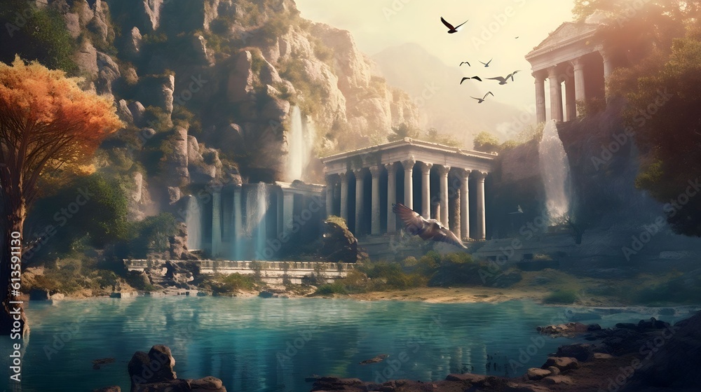 landscape ancient greek ruins and waterfalls, Generative AI Stock ...