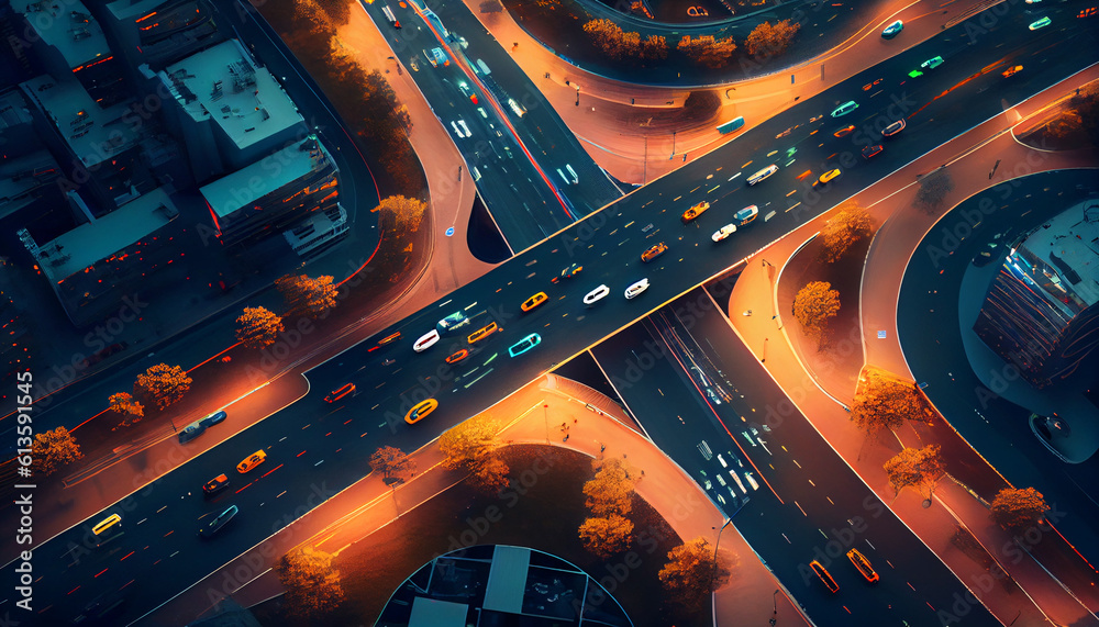 Overhead view of roads in a futuristic city with autonomous vehicles ...