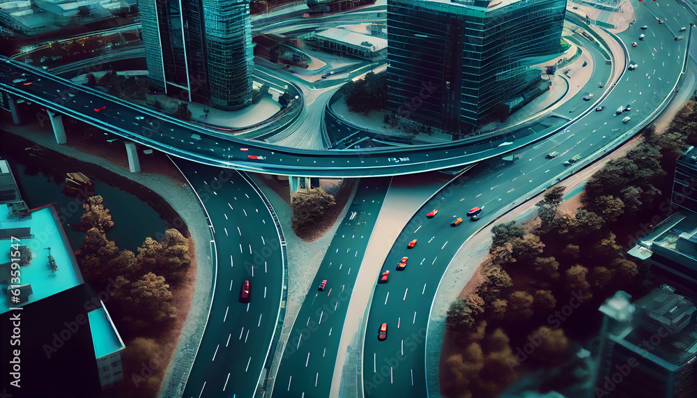 Overhead view of roads in a futuristic city with autonomous vehicles ...