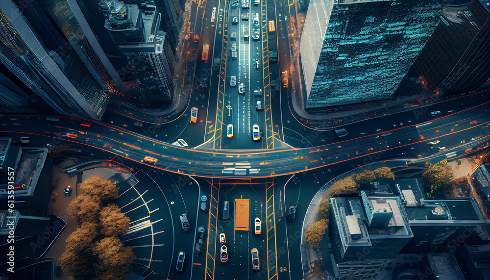 Overhead view of roads in a futuristic city with autonomous vehicles ...