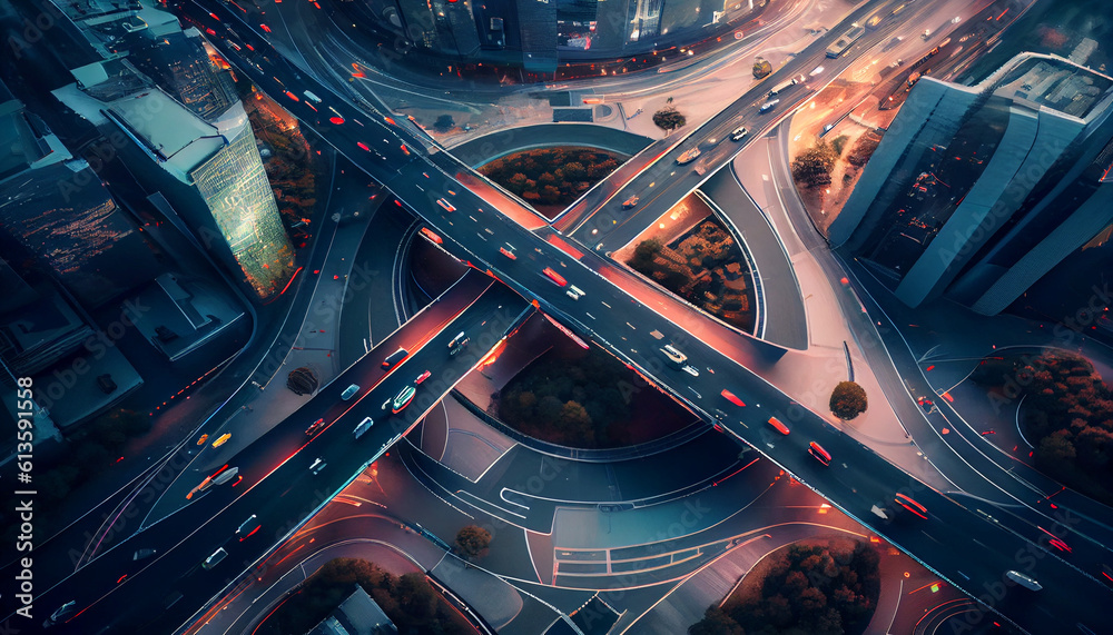 Overhead view of roads in a futuristic city with autonomous vehicles ...