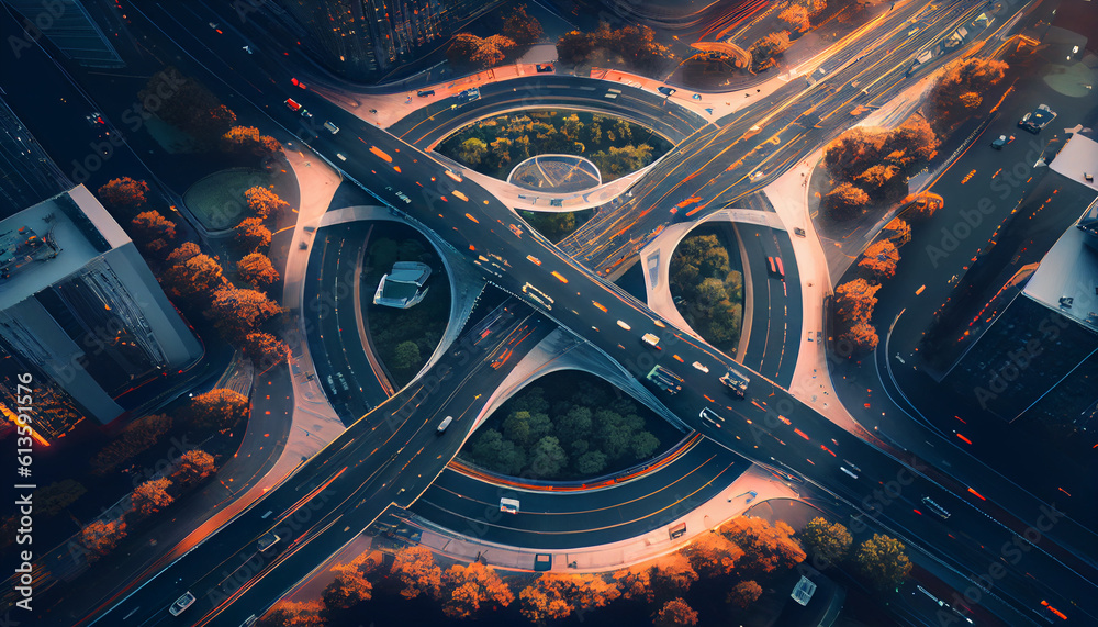 Overhead view of roads in a futuristic city with autonomous vehicles ...