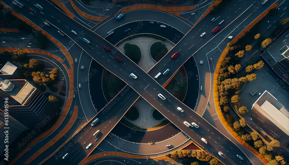 Overhead view of roads in a futuristic city with autonomous vehicles ...
