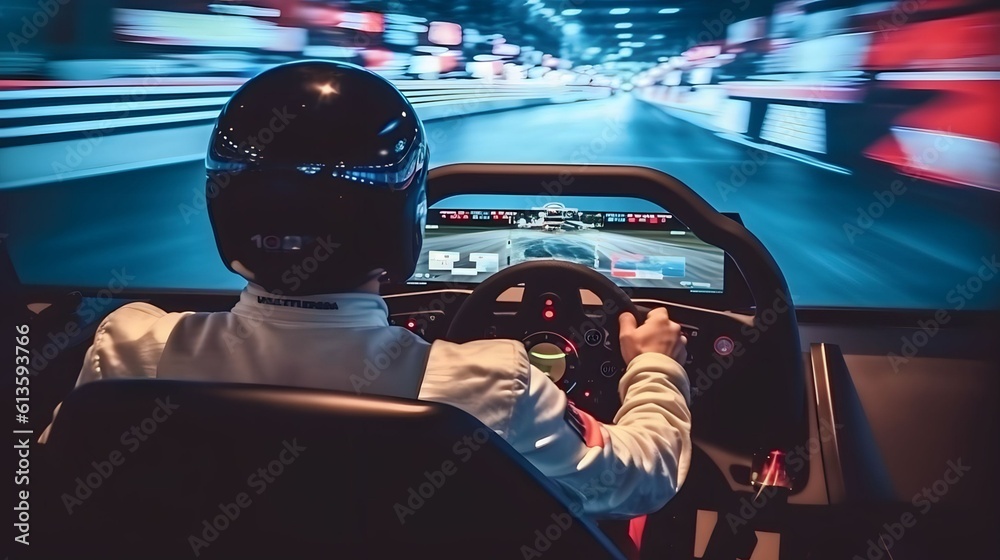 professional gamers playing online car racing esport simulator with ...