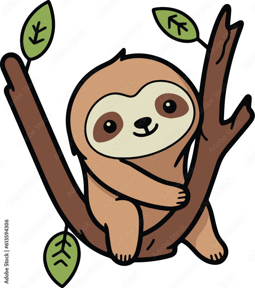 Cute Cartoon Sloth Hanging on Branch Vector Illustration, svg, vector ...