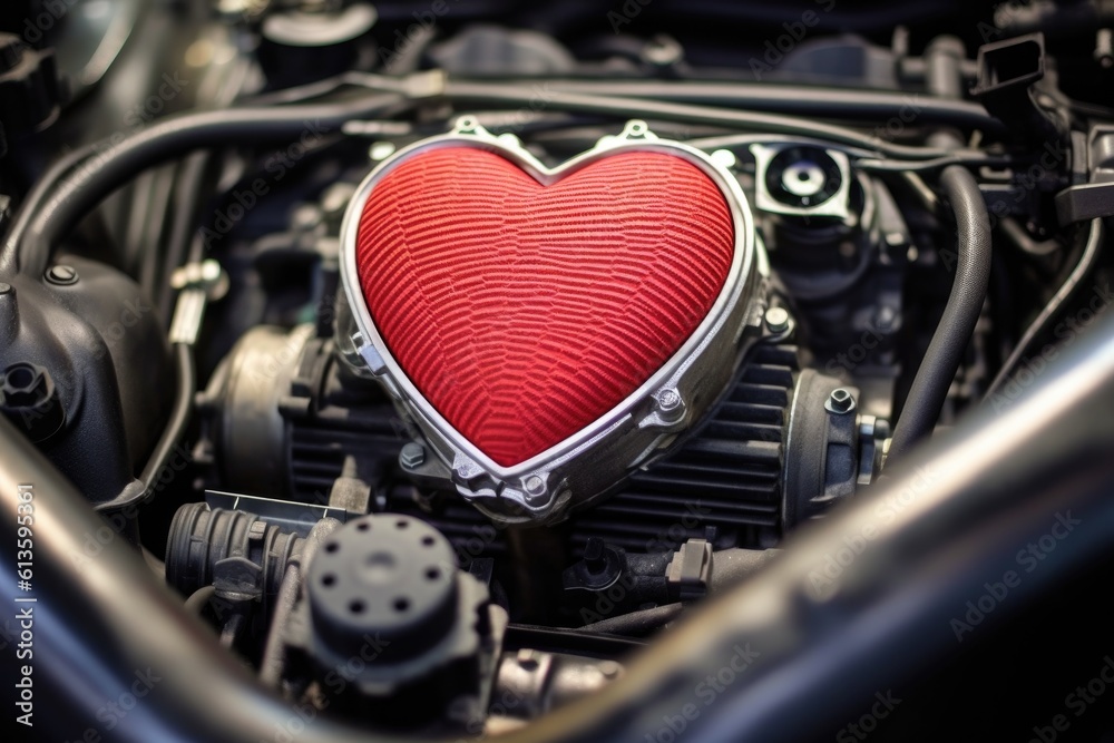Creative concept for car care. Car engine with a red heart. Generated ...