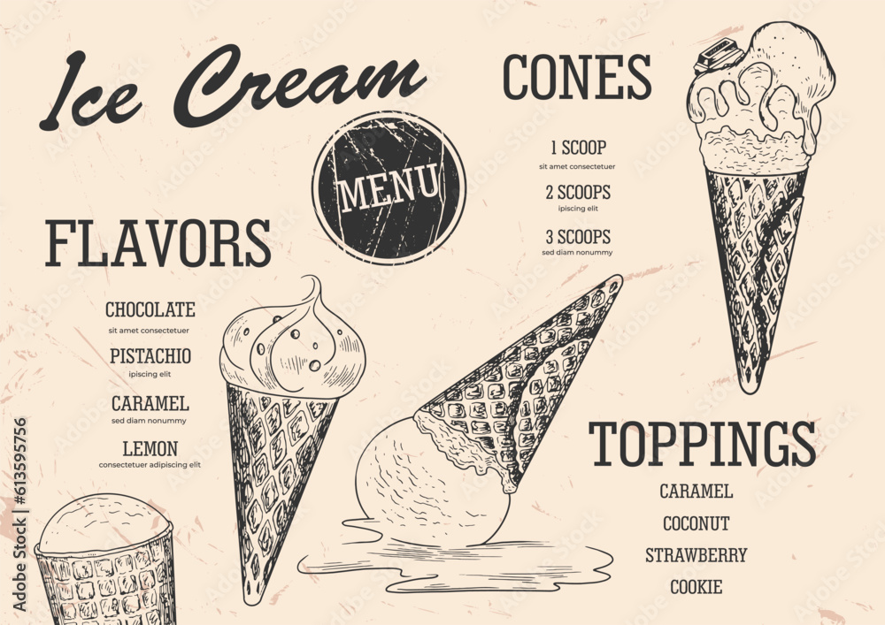 Template for ice cream menu for cafe and restaurant. Hand drawn ice ...