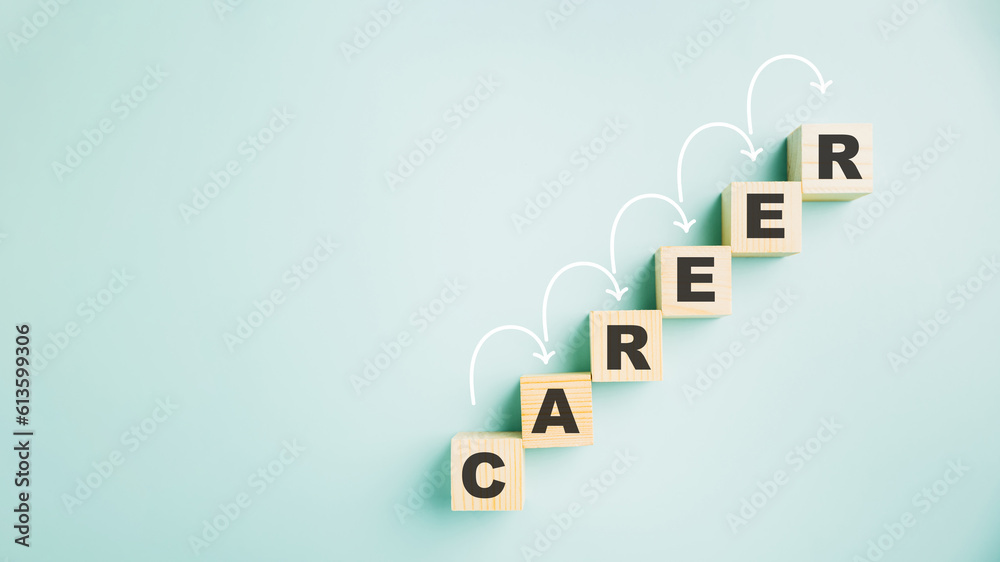 Wooden cube block labeled CAREER on a blue background, providing ample ...