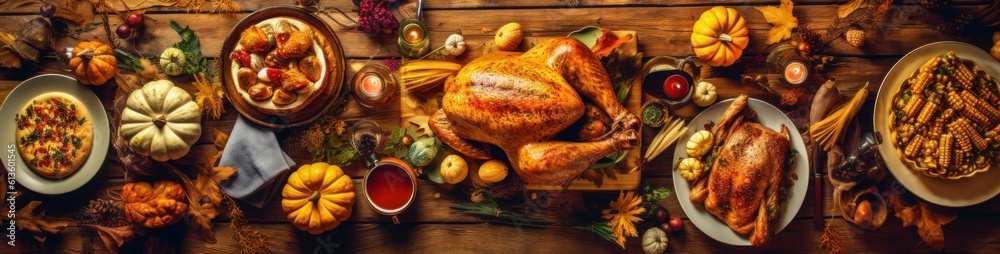 Thanksgiving dinner background with delicious turkey and appetizing ...