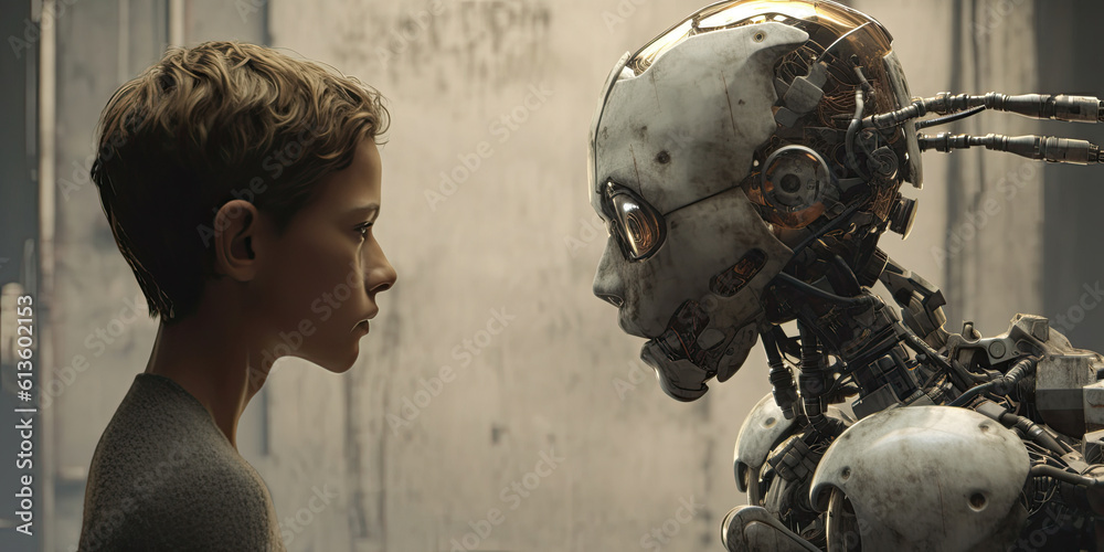 Robot and boy face to face Stock Illustration | Adobe Stock