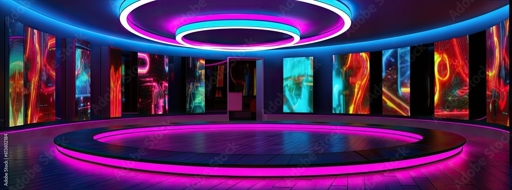 circular room, neon lights mirror and glow, creating an enchanting ...