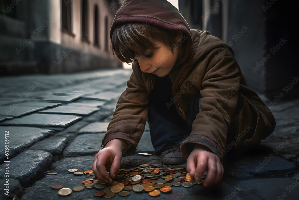 Poor beggar hungry child boy ragged in torn clothes with an ...