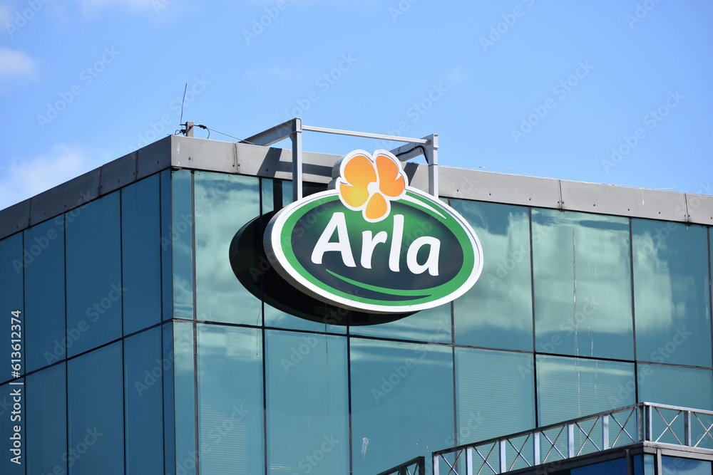 Arla Foods dairy company office with signage, logo, emblem on the ...