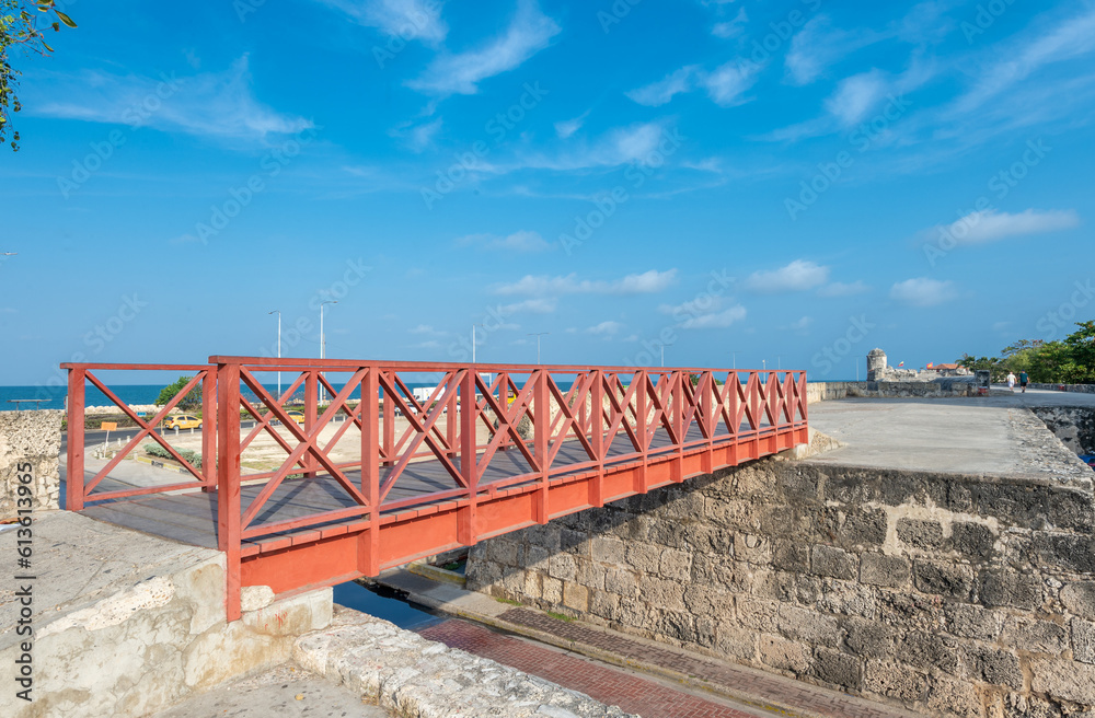 Cartagena, Bolivar, Colombia. March 16, 2023: Red bridge of a wall in ...
