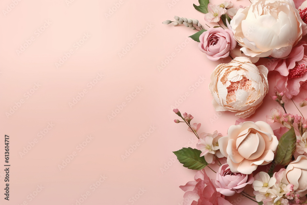 bouquet of roses on plain pink background, minimalistic design with ...