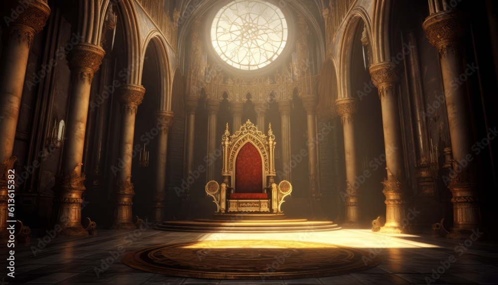 A golden filigree throne room in a medieval castle king sitting on the ...