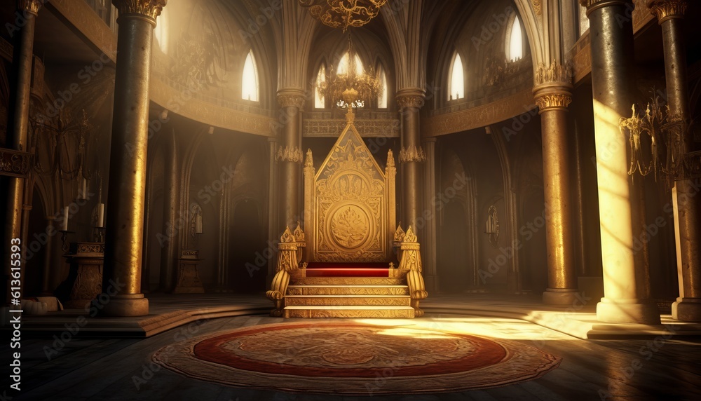 A golden filigree throne room in a medieval castle king sitting on the ...