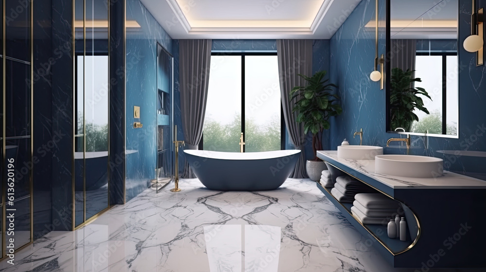 A luxurious bathroom with marble accents and sleek modern design. The ...