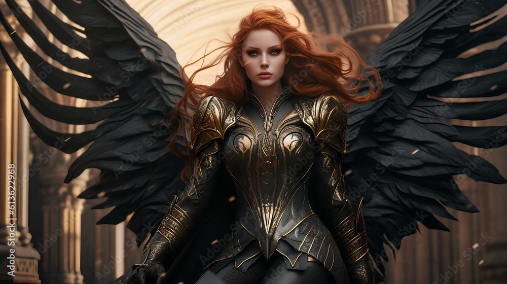 Beautiful red hair valkyrie with wings in black and golden Armor riding ...