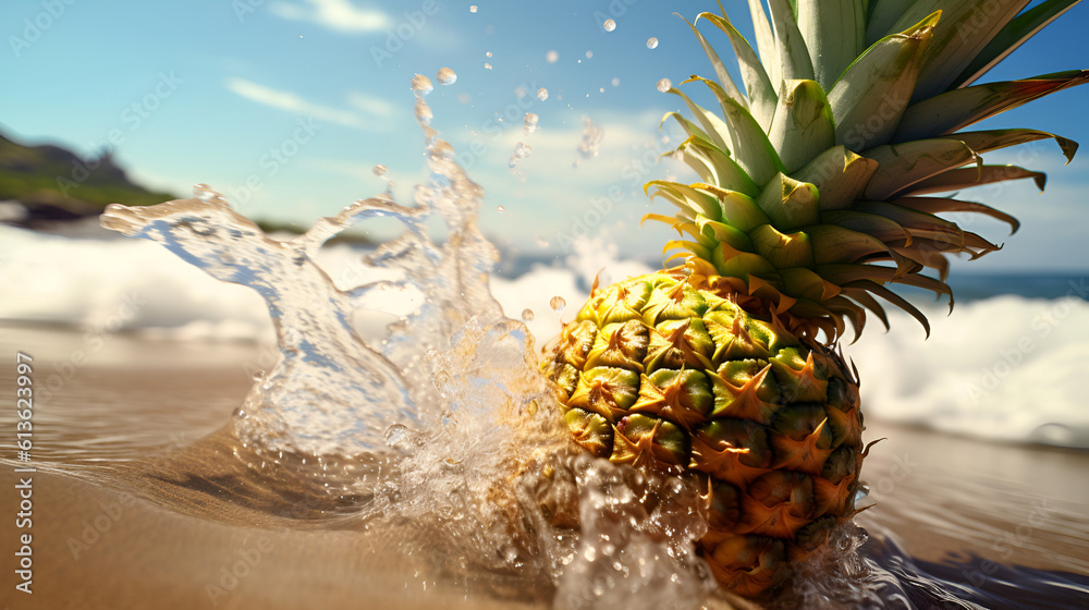 Pineapples on the sand at the beach, at summer on sea with blue sky ...
