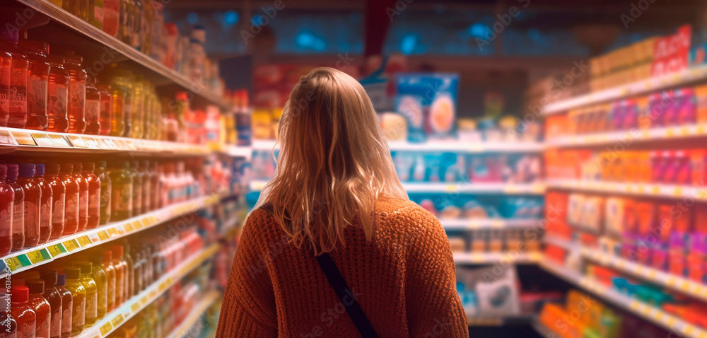 Young woman shopping in a supermarket. Blonde girl deciding what food ...