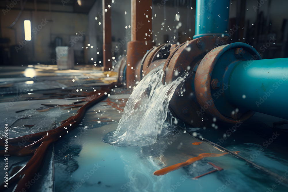 Breakthrough of the main water supply with water fountain on the ...