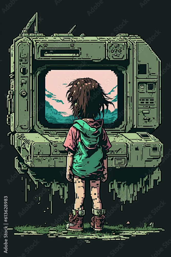 DIGITAL PIXEL ART drawing of retro technology and game play. Generative ...