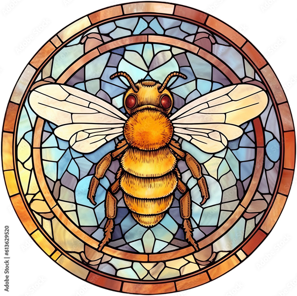 Round stained-glass illustration of a honey bee in a stained-glass ...