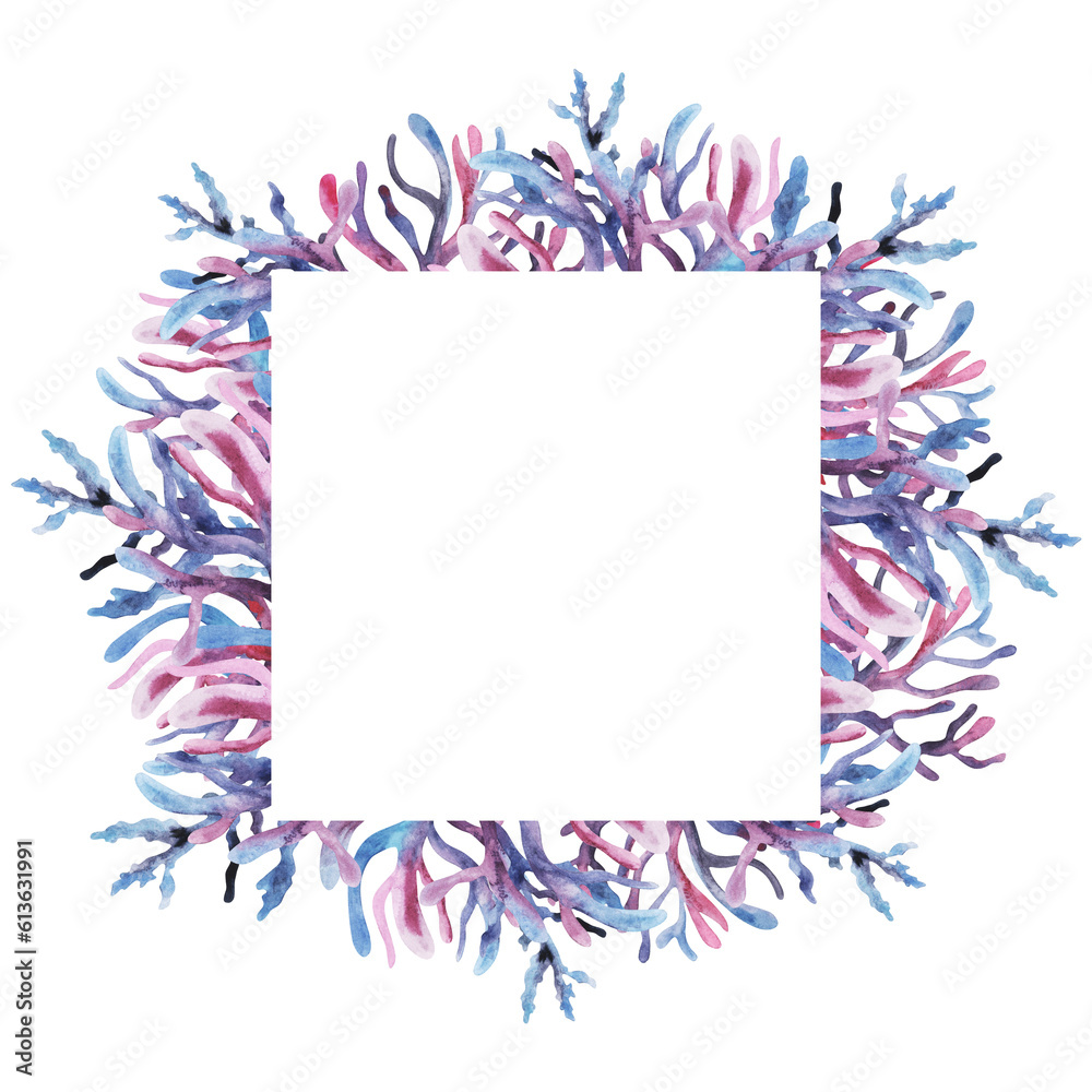 ภาพประกอบสต็อก Hand drawn square multicolored watercolor sea coral ...