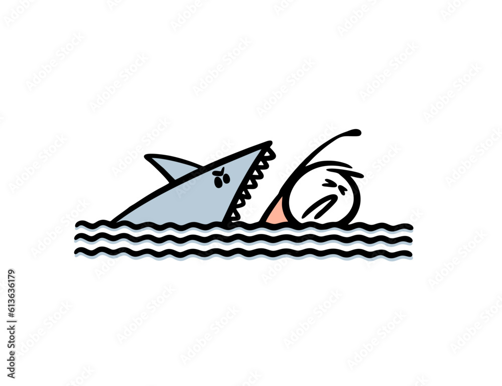 Scary shark attacks a man swimming in the sea. Vector illustration of a ...