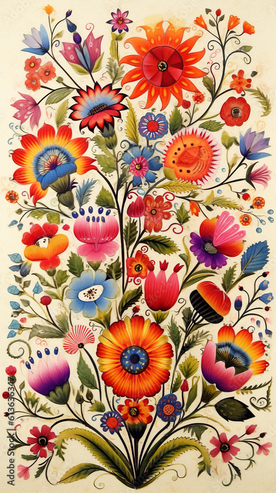A painting of a bunch of flowers on a wall. Generative AI. Polish folk ...