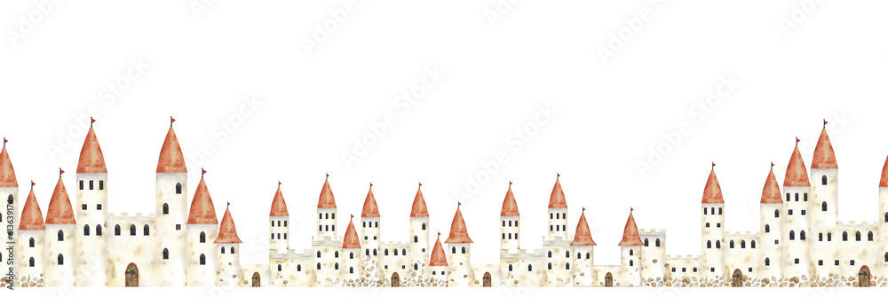 Seamless border medieval childish castle watercolor hand drawn ...