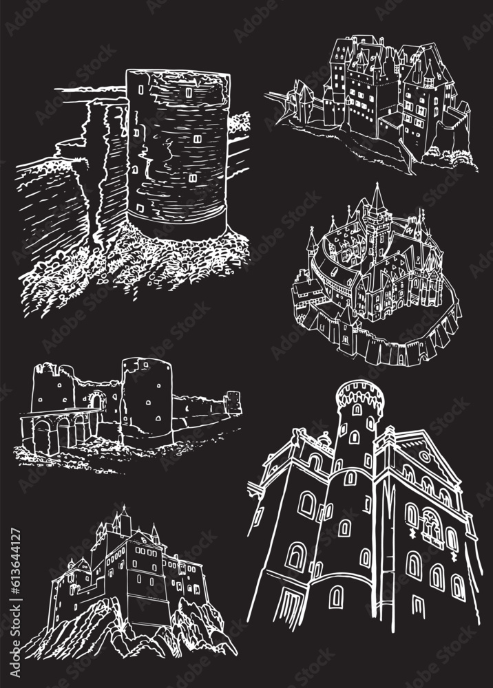 Graphical set of castles from Germany isolated on black,vector sketchy ...