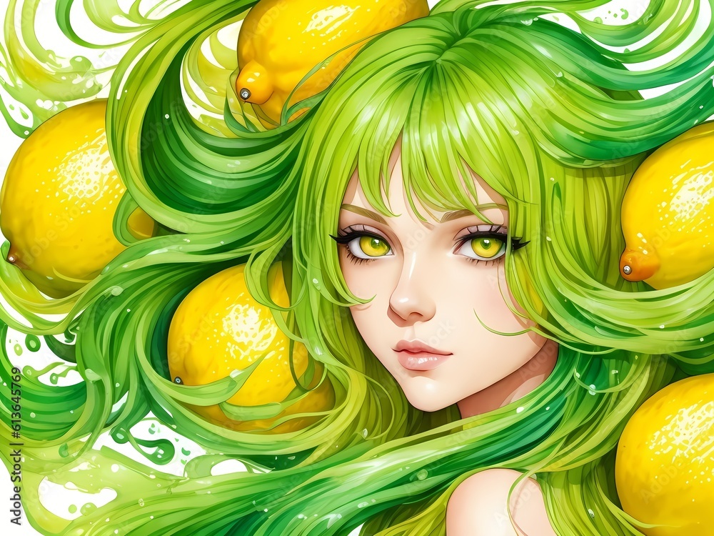 Beautiful cute girl face profile portrait with a green hair lemon ...