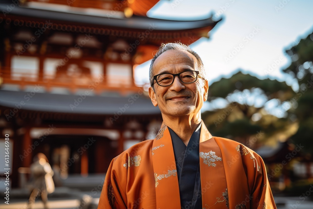 Portrait of senior Japanese man in traditional clothes at Kiyomizu-dera ...