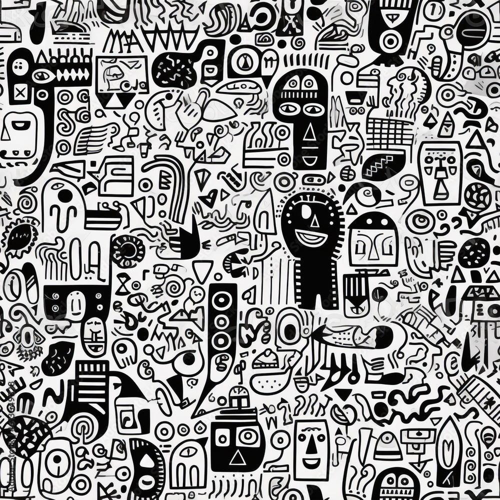 Black and white doodle art seamless pattern inspired by Keith Haring ...