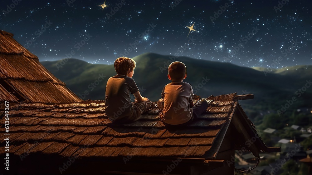 Kids sitting on roof at night little boy Generative AI Stock ...