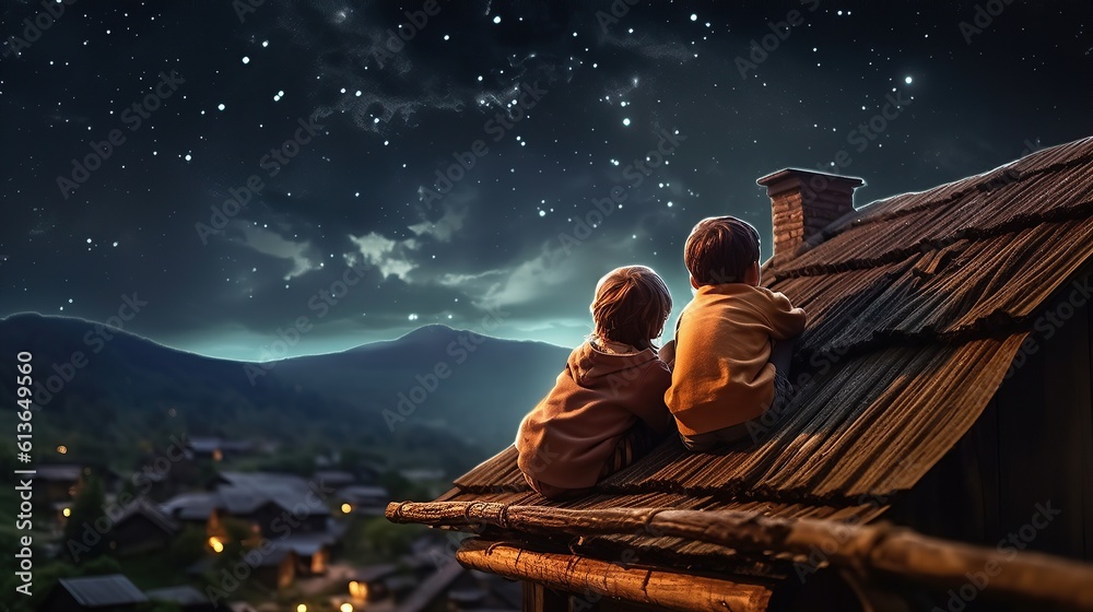 Kids sitting on roof at night little boy Generative AI Stock ...