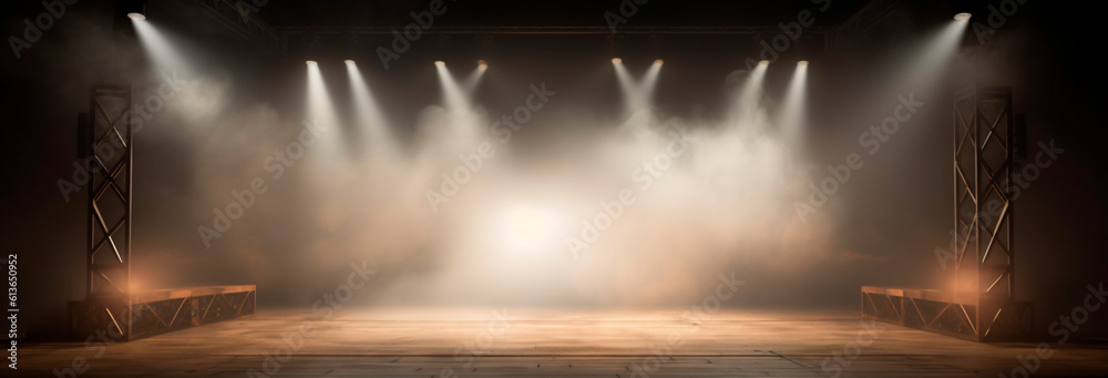 Empty misty dark stage background, fog, and brown spotlights ...