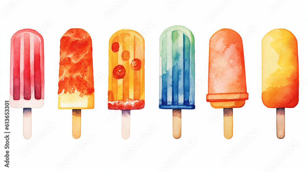 watercolor illustration of ice cream ice lolly, colorful with fruits ...