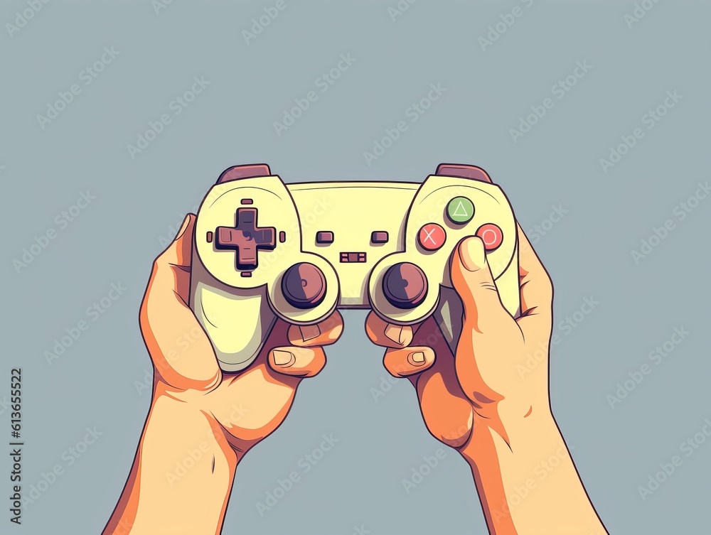 cartoon hands holding a game controller and playing games by pressing ...