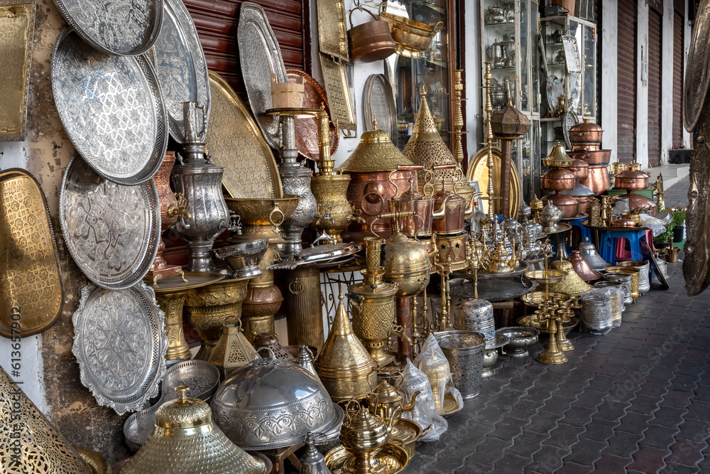 Lanterns, plates and vases in embossed metal, typical Moroccan ...