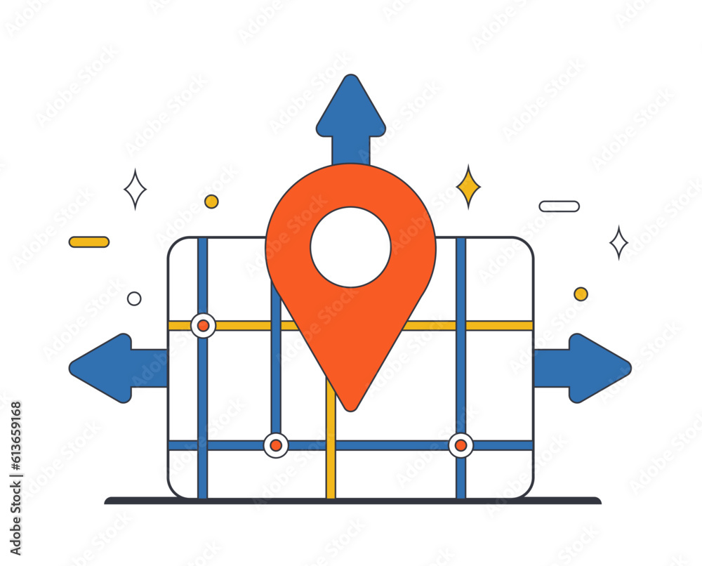 Different directions with labels and location icon with arrows in ...