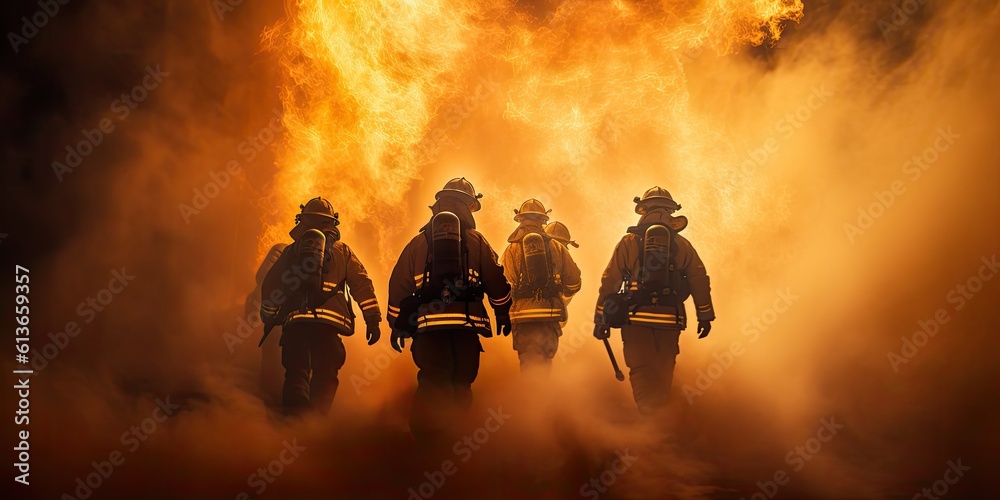 Courageous Firefighters in a fiery scene, in full PPE, in a horizontal ...