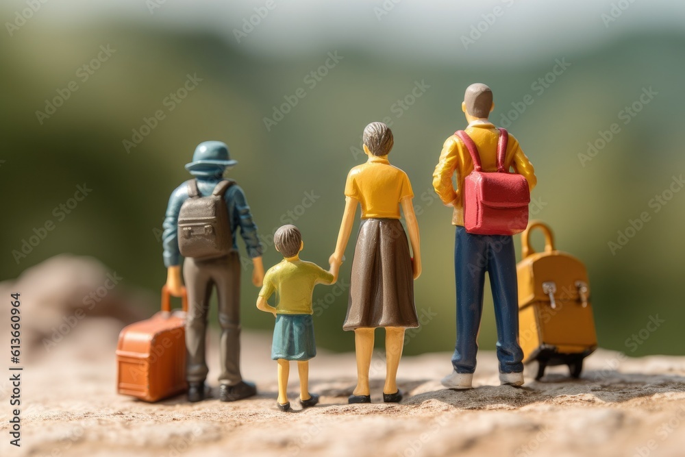 Traveling family, family traveling by the sea, character back view ...