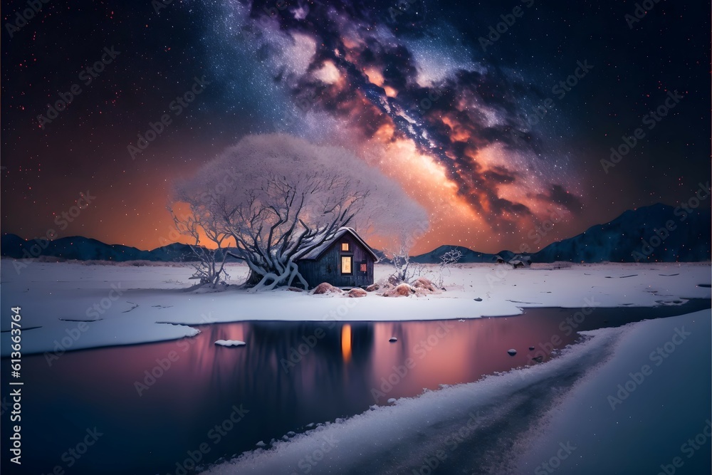 Snowy night on Sado Island in Japan, soft focus, misty, small ...