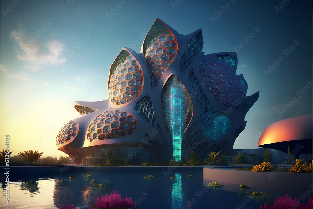 Gigantic ultra modern hotel in a strange world, multi-colored, alien ...