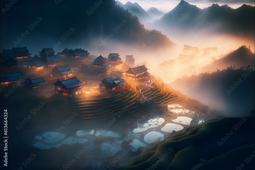 Lush Misty morning landscape, cascading rice pools in a steep mountain ...